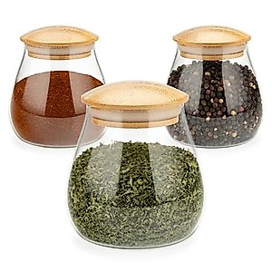 Set of 3 Small Glass Jars With Bamboo Lids - Modern Bamboo Glass Storage Containers for Coffee, Sugar, Candy, Rice, Pasta & More - Decorative 13 Ounce Borosilicate Glass Canisters With Airtight Lids
