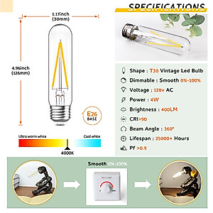 Sphoon Dimmable 4000K Natural White Light Tubular Led Bulb E26 led Light Bulb,T10 T30 Vintage LED Bulbs, 40 watt Equal 4W, Edison Lights Bulbs, AC120V, 400lm, for Chandelier Pendant Lights- 2 Pack