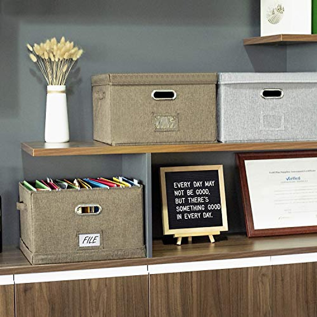 JSungo File Box with 5 Hanging Filing Folders, Document Organizer Storage for Office, Collapsible Linen Storage Box with Lids, Home Portable Storage with Handle, Letter Size Legal Folder, Brown