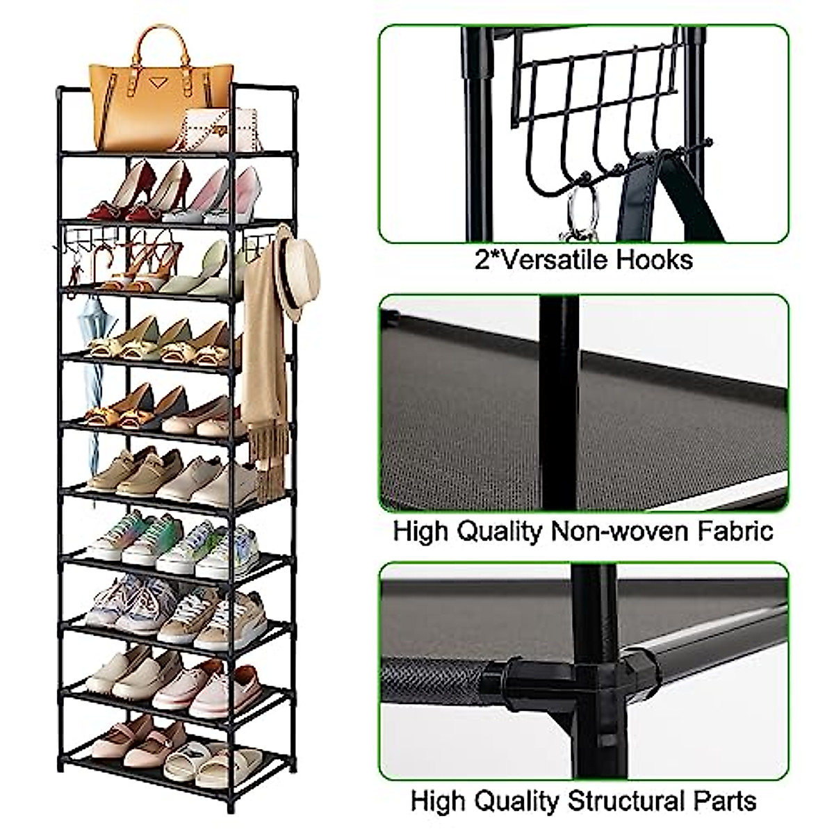 Fixwal 10 Tiers Shoe Rack, Tall Shoe Storage Shelf for 20-24 Pairs of Shoes and Boots, Sturdy Shoe Organizer for Close, Narrow Shoe Shelf with Hooks for Entryway Bedroom Hallway (Black)