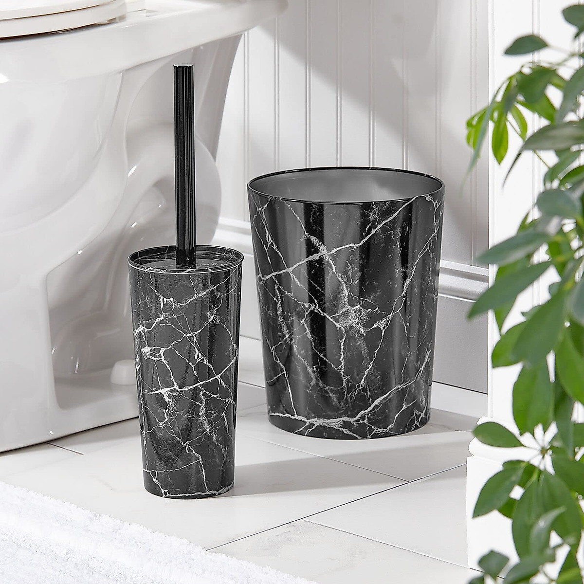 mDesign Round Metal Small 1.7 Gallon Recycle Trash Can Wastebasket, Garbage Container Bin for Bathrooms, Kitchen, Bedroom, Home Office - Durable Stainless Steel - Mirri Collection - Black Marble