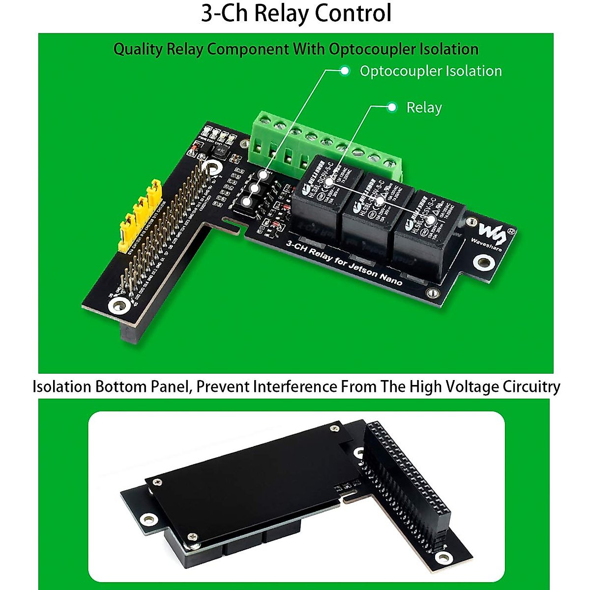 3-Channel Relay Expansion Board for Jetson Nano Developer Kit B01 and Jetson Nano 2GB Developer Kit, up to 2X Stackable Max Load ≤5A 250V AC or ≤5A 30V DC