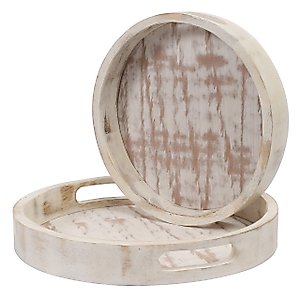 Wooden Serving Tray, Round Wood Tray with Handles, Antique White Decorative Tray for Ottoman, Kitchen/Coffee Table, Set of 2