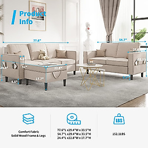 Mjkone 3 Pcs Sectional Sofa Couch Set with Solid Wooden Legs, Modern Couch Sets with Storage Ottoman, Sofa and Loveseat Set with 8 Side Pockets, Living Room Furniture Set for Living Room (Beige)