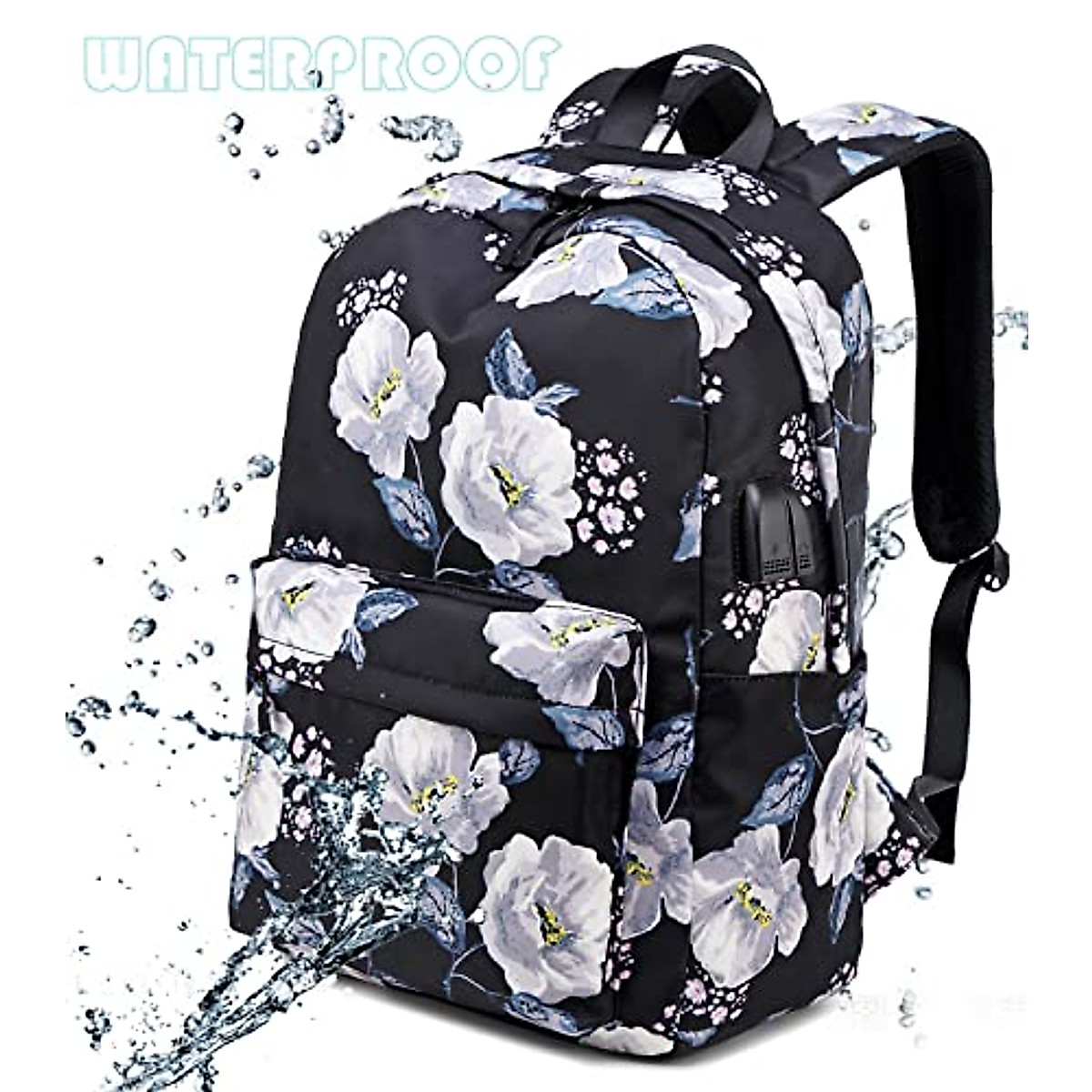 Lmeison Black Floral Backpack with Lunch Box, Cute School Bag for Teen Girls Waterproof, Flower Laptop Backpack for Middle School High School College, Kids Bookbag Set Women Casual Daypack for Travel