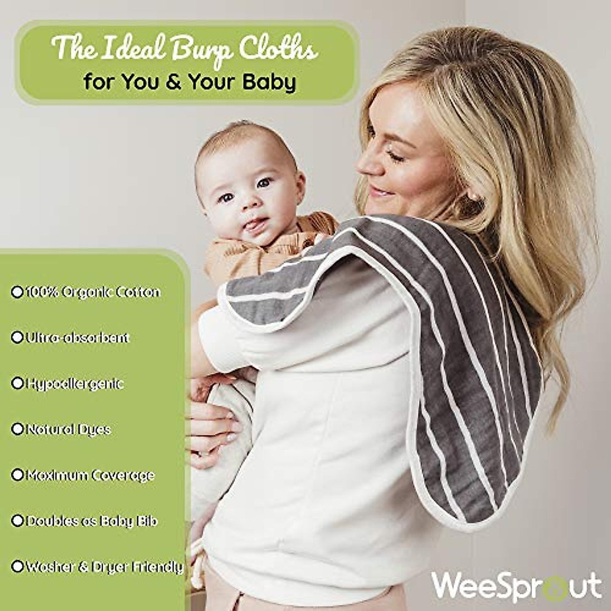 WeeSprout Unisex Set of 4 Organic Towel Cotton Burp Cloths Four Ultra-Absorbent Layers Keep Clothes Dry, Button Transforms Burp Cloth into Baby Bib, Machine Washable (Neutral Set, Full)