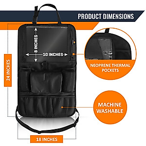 Kimbros Backseat Organizer with Tablet Holder for any age, (Holds IPAD PRO 10.5), Multiple Pockets, Side Double zipper for cables, Extra Long Harness with buckle for any size car, Baby wipe pouch