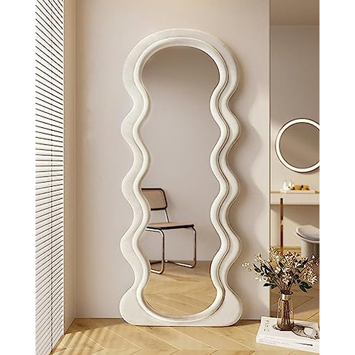 OGCAU Wavy Wall Mirror, 63"L x 24"W, White, Anti-rust, Shatterproof & Splash Proof, Modern or Contemporary, Bedroom Dressing Mirror