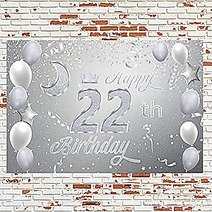 Sweet Happy 22th Birthday Backdrop Banner Poster 22 Birthday Party Decorations 22th Birthday Party Supplies 22th Photo Background for Girls,Boys,Women,Men - Silver 72.8 x 43.3 Inch