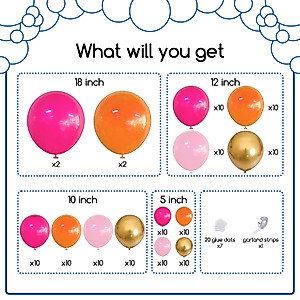 COKAOBE Pink Orange Balloon Garland Arch Kit, 124pcs Hot Pink Orange Chrome Metallic Gold Latex Balloons for Birthday Wedding Baby Shower Tropical Party Supplies Summer Party Decorations