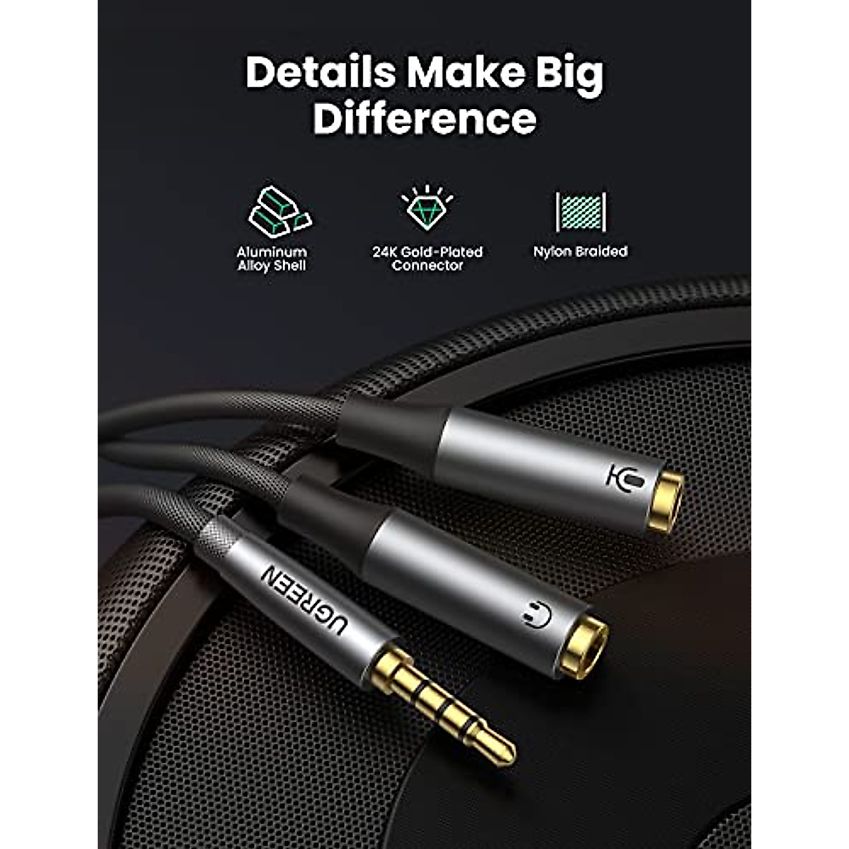 UGREEN Headphone Splitter Headset Splitter Audio Mic Y Adapter Braided 3.5mm TRRS Male to 2 Female Cable with MIC Compatible with PS5 PS4 Xbox One Controller, Phone to Earphone, Gaming Speaker