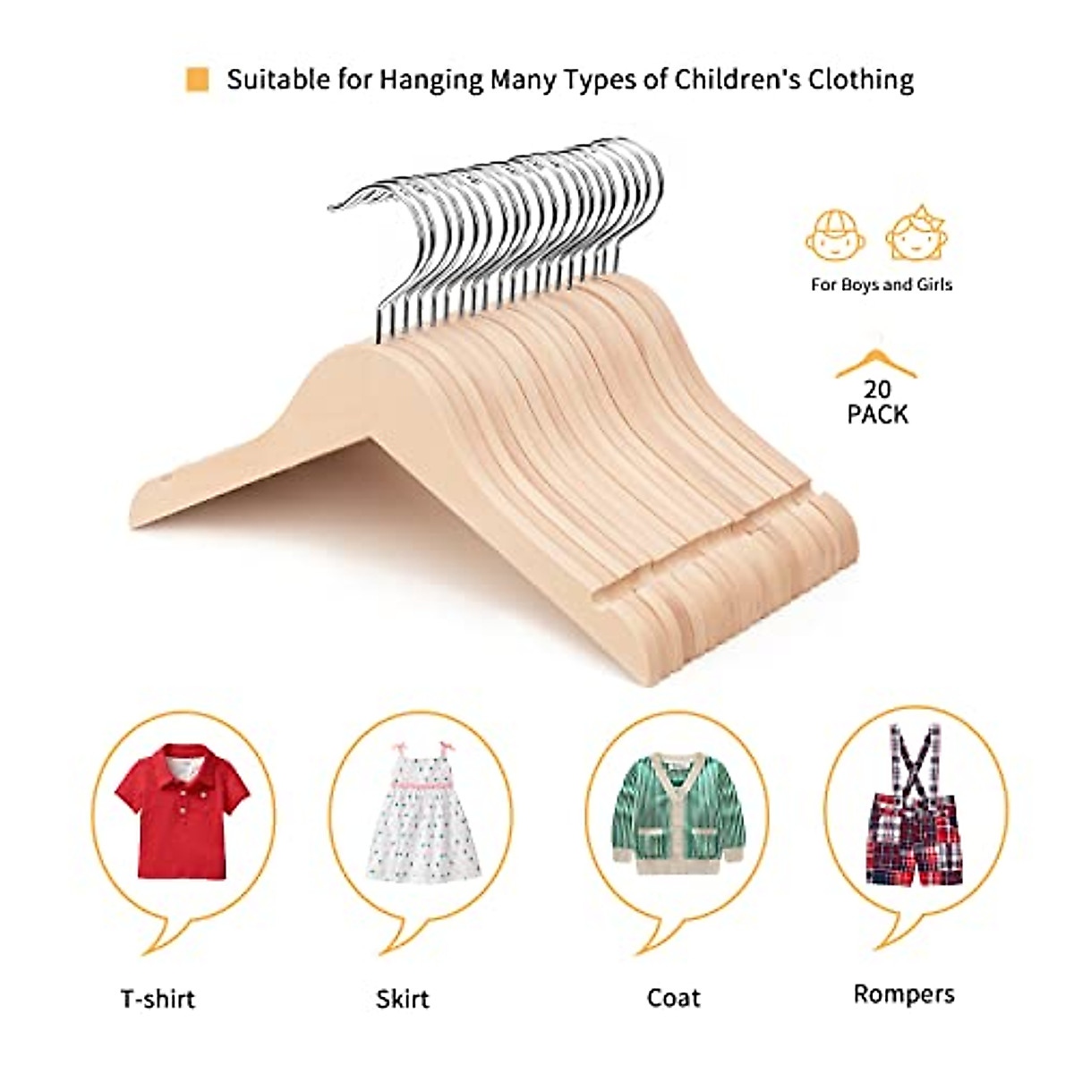 Nature Smile 20 Pack Unfinished/Natural Kids Baby Children Toddler Wooden Shirt Dress Coat Hangers with No Painting - 360°Stronger Anti-Rust Chrome Swivel Hook - Extra Smoothly Cut Notches