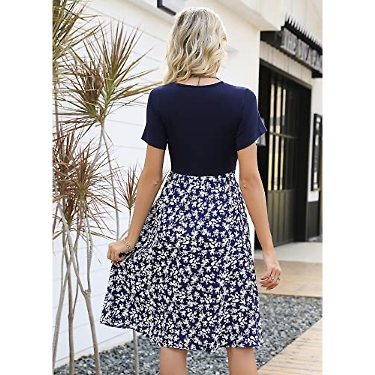 Berydress Knee Length Dress for Women Summer Casual Short Sleeve Modest A-Line Belt Party Work Dress with Pockets (S, 6188-Navy Floral)