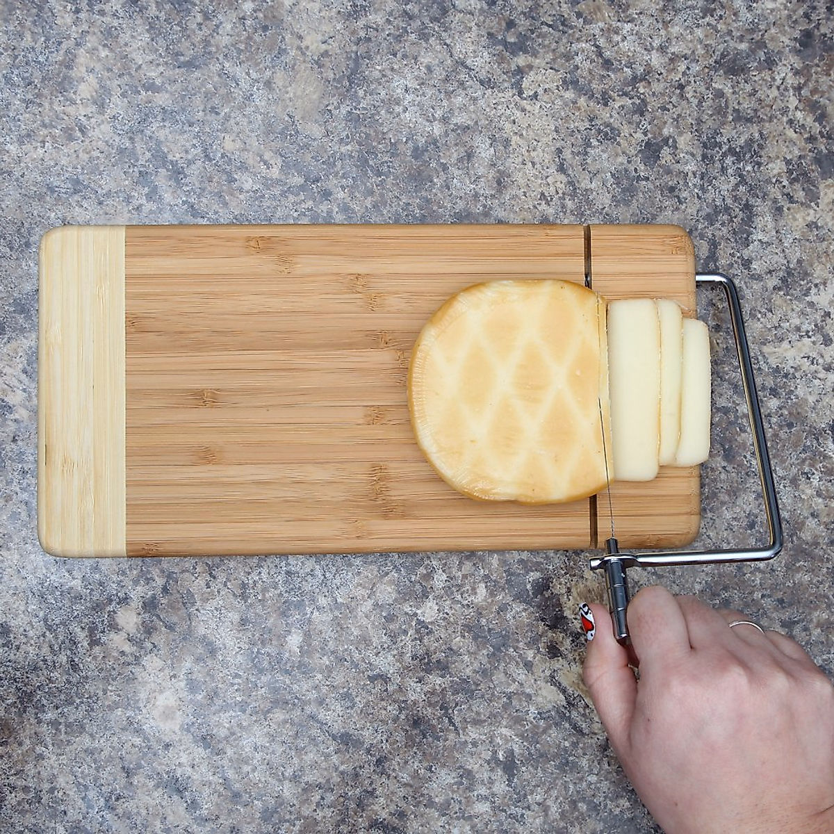 Home-X - Bamboo Cheese Cutting Board with Stainless Steel Wire Cheese Slicer, The Ultimate Two-In-One Kitchenware Appliance with Little to No Mess
