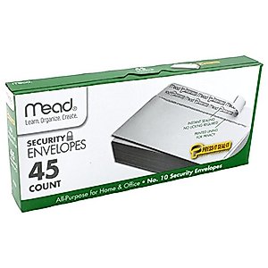 Mead #10 Envelopes, Security Printed Lining for Privacy, Press-It Seal-It Self Adhesive Closure, All-Purpose 20-lb Paper, 4-1/8" x 9-1/2", White, 45/Box (75026)