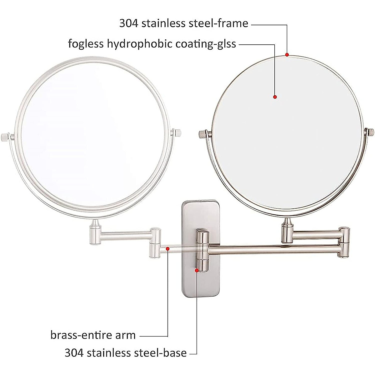 Ci Hua Bathroom MirrorWall, Wall Mounted Makeup Mirror, 8 inch Nickel Finish Rotatable Magnifying Shaving Mirror, Extendable Folding Cosmetic Bathroom Vanity Mirrors