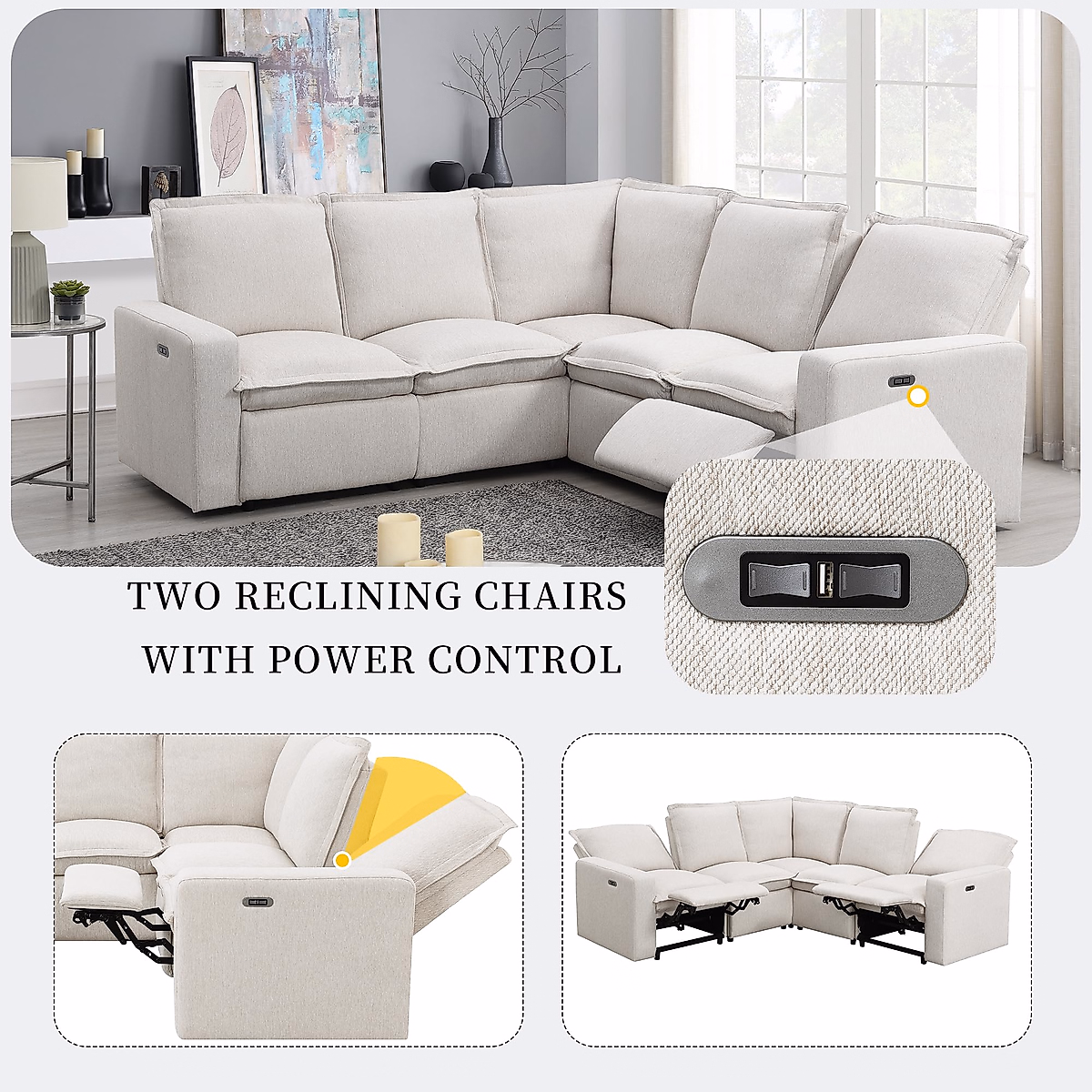 89.76" L Shape Sectional Recliner Sofa for Living Room, Modern Upholstered Cloud Couch with Flipped Middle Backrest and USB Port Modern Sectional Sofa for Living Room, Bedroom, Theater Room, Beige