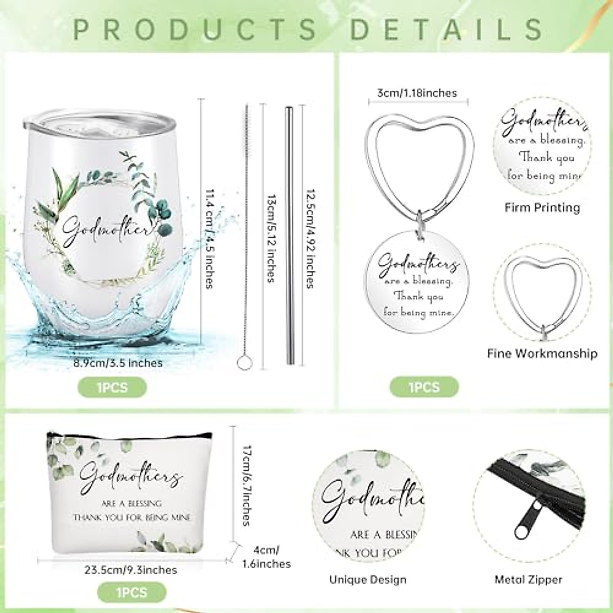 Didaey Set of 3 Godmother Gifts 12oz Stainless Steel Tumblers Godmother Gifts Godmothers Makeup Bags Key Chain for Thanksgiving Wedding Holiday Appreciated Gift(Leaves)