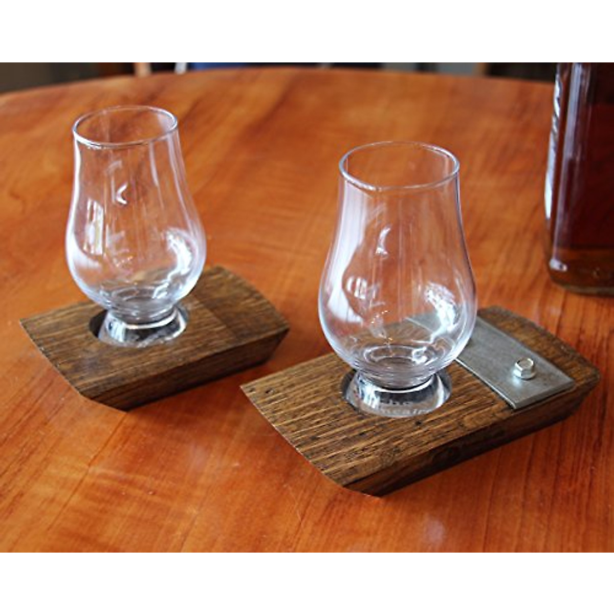 Barrel-Art Barrel Stave Whiskey Bourbon Scotch Coaster with Glencarin Glass and Galvanized Steel, Dark Walnut