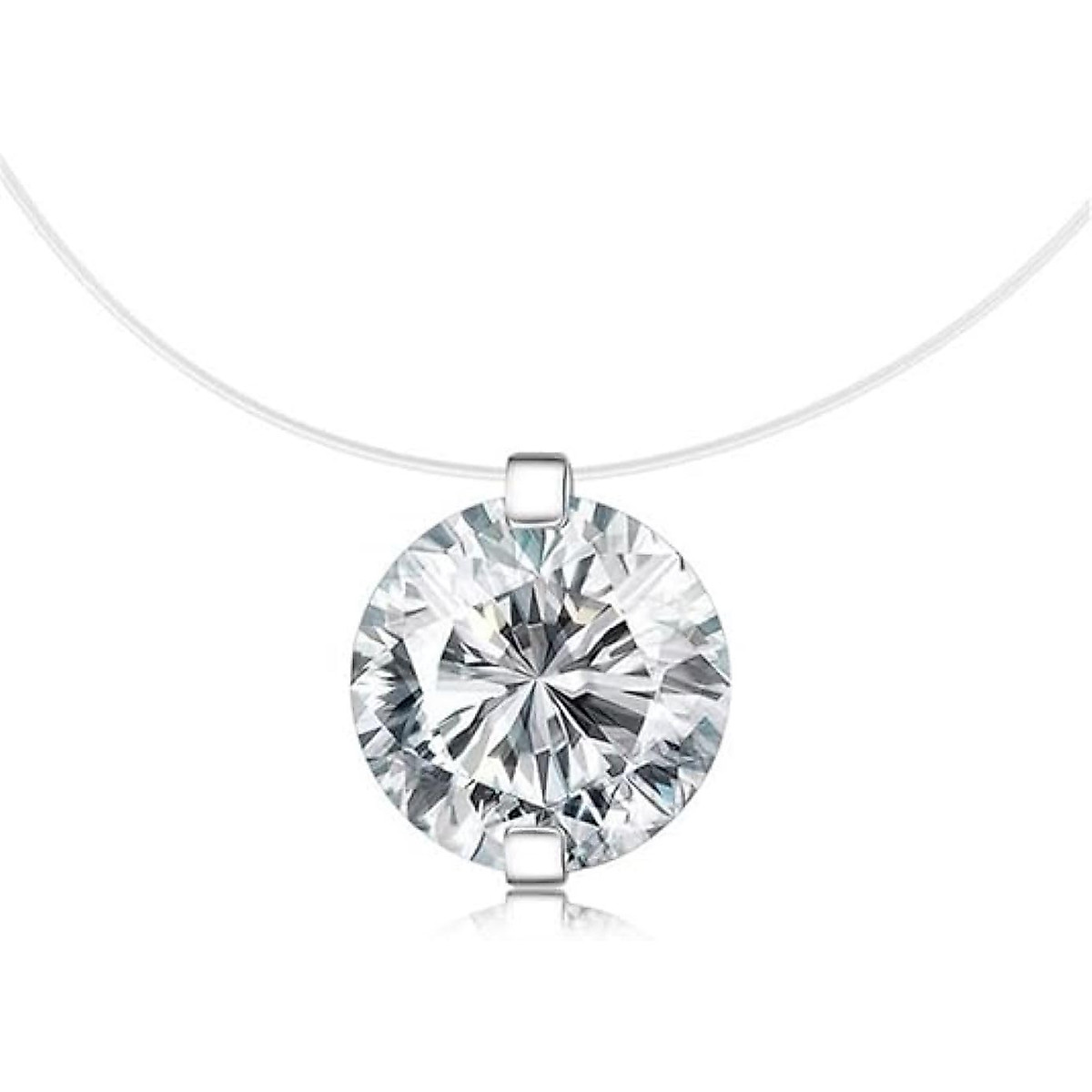 S925 Round fish line two claws Cut Clear Cubic Zirconia Pendant Necklace (silver)