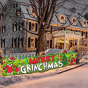 Grinch Christmas Decorations - Grinch Welcome Yard Sign Grinch Christmas Hanging Banners for Indoor Outside Front Door Living Room Kitchen Wall Party