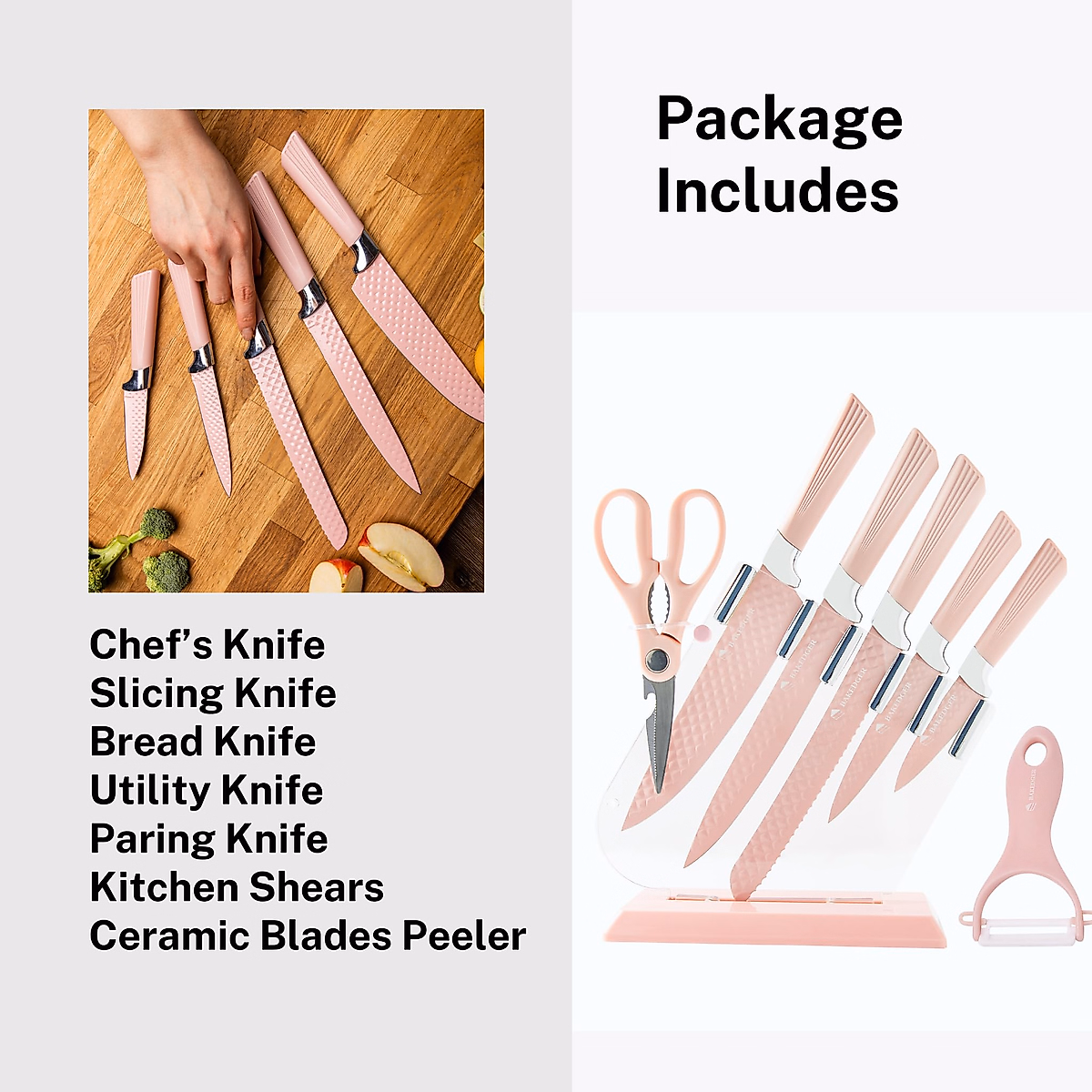 Bakedger 7 pieces knives set, ultra sharp, attractive design, chef knife, slicing knife, bread knife,utility knife paring and shears, scissors, peeler, stylish design, Pink