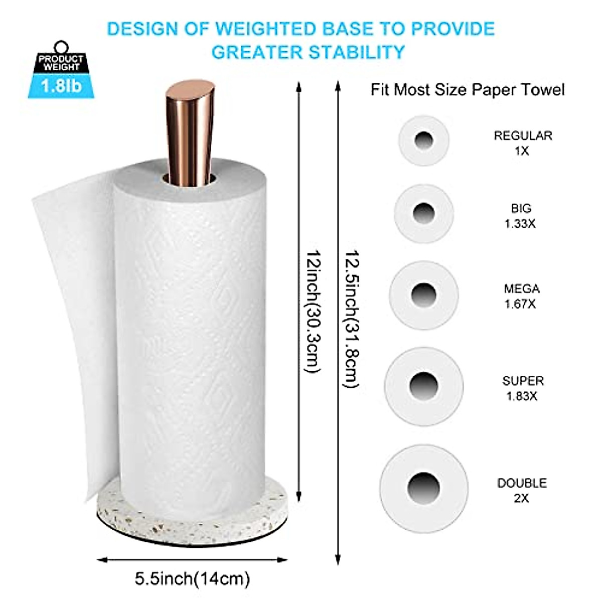 AOWYL Kitchen Paper Towel Holder Countertop, Stainless Steel, Standing, Marble Paper Towel Holder, for Standard and Jumbo-Sized Rolls Paper Towel Stand Holder (Rose Gold)