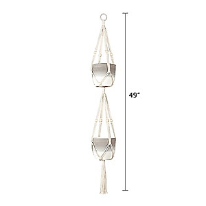 Mkono Macrame Double Plant Hanger Indoor Outdoor 2 Tier Hanging Planter Basket Cotton Rope with Beads 4 Legs 49 Inches