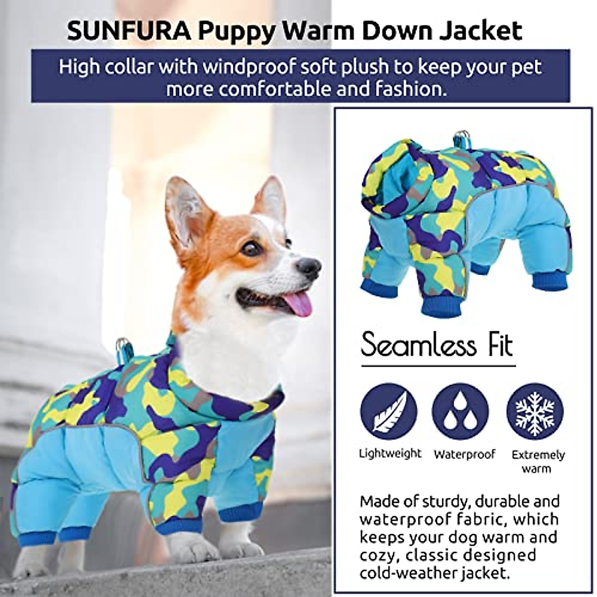SUNFURA Winter Dog Coats, Warm Dog Down Jacket with 4 Legs, Reflective Windproof Puppy Turtleneck Snowsuit for Cold Weather, Lightweight Padded Puffer Dog Vest Apparel for Small Medium Dog