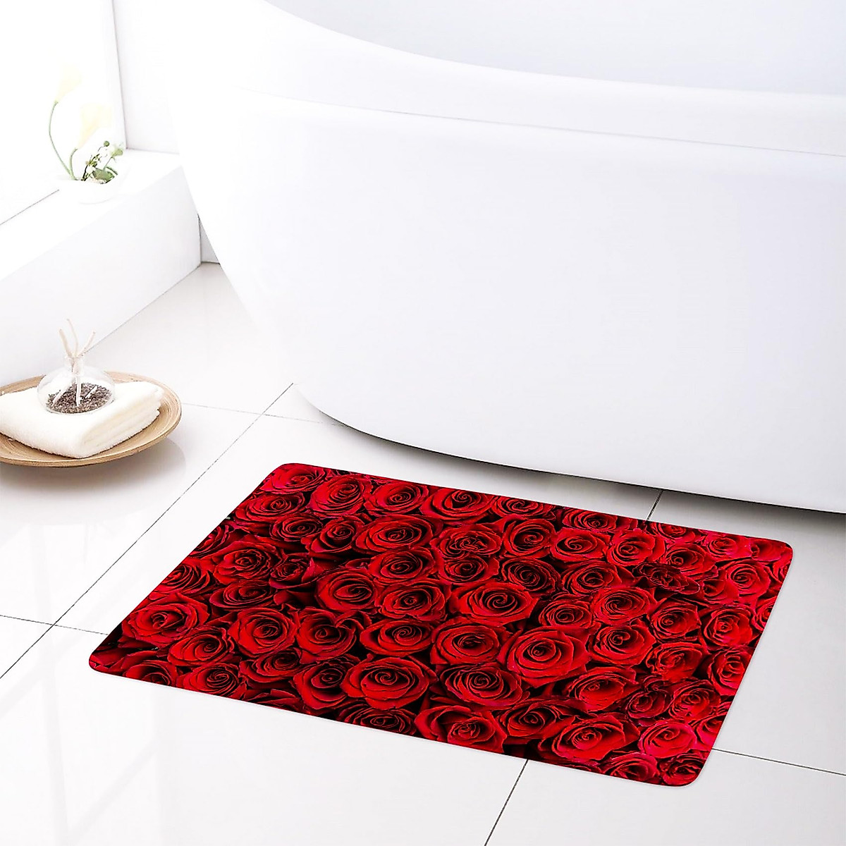 LB Happy Valentine's Day Bathroom Rug Red Rose Flower Bath Mat Romantic Floral Doormat Non Slip Memory Foam Super Absorbent Floor Mats,24Wx16H Inch