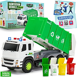 MOBIUS Toys Garbage Truck Friction-Powered – 1:12 Scale Large Size Truck w/Sounds, Lights, Loader, 4 Trash Cans for Learning Waste Management Recycling Toy for Toddlers, Boys, Girls 3 4 5 Years Old