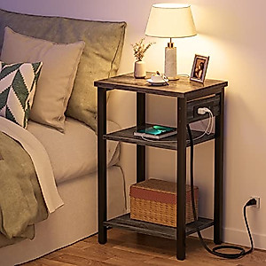 Cyclysio End Table Set of 2 with Charging Station, 3 Tier Small Nightstand with Storage Shelf, Slim Side Table with USB Ports & Outlets, Modern Sofa Bedside Table for Bedroom, Living Room, Gray Oak