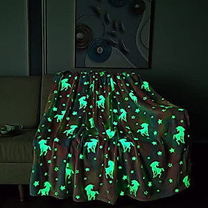 GOPHRALOVE Glow in The Dark Blanket - Unicorn Throw Blanket Birthday Gift for Girls 3 4 5 6 7 8 9 10 Years Old - Soft Cozy Fluffy Flannel Rainbow Unicorn Blanket 50"x60"