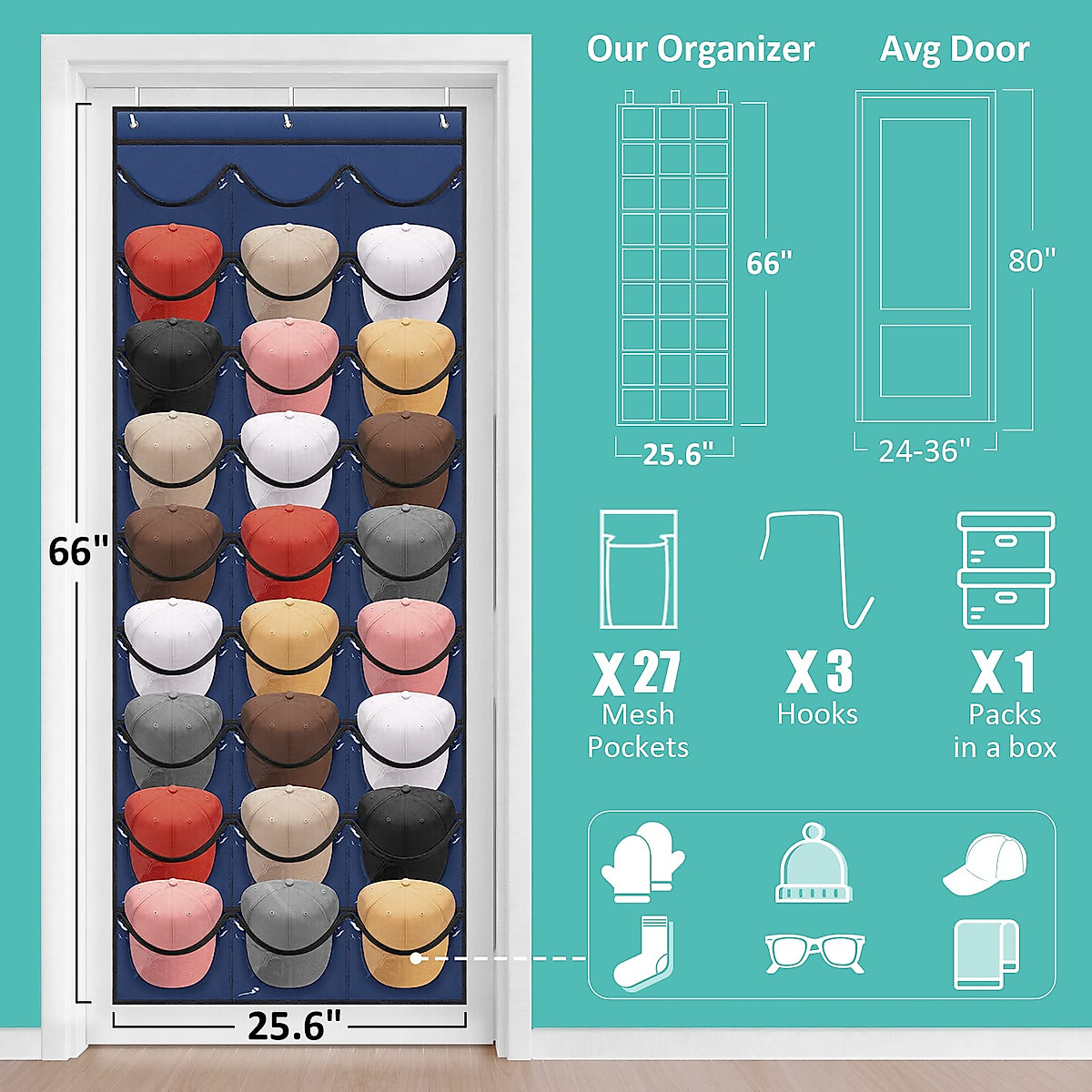 Hat Rack for Baseball Caps 27 Pockets - Hat Organizer Hanging Over The Door Baseball Hat Storage for Closet Wall - Visible Hat Holder With 3 Hooks Hat Holder Hanger for Baseball Cap & Sport Caps