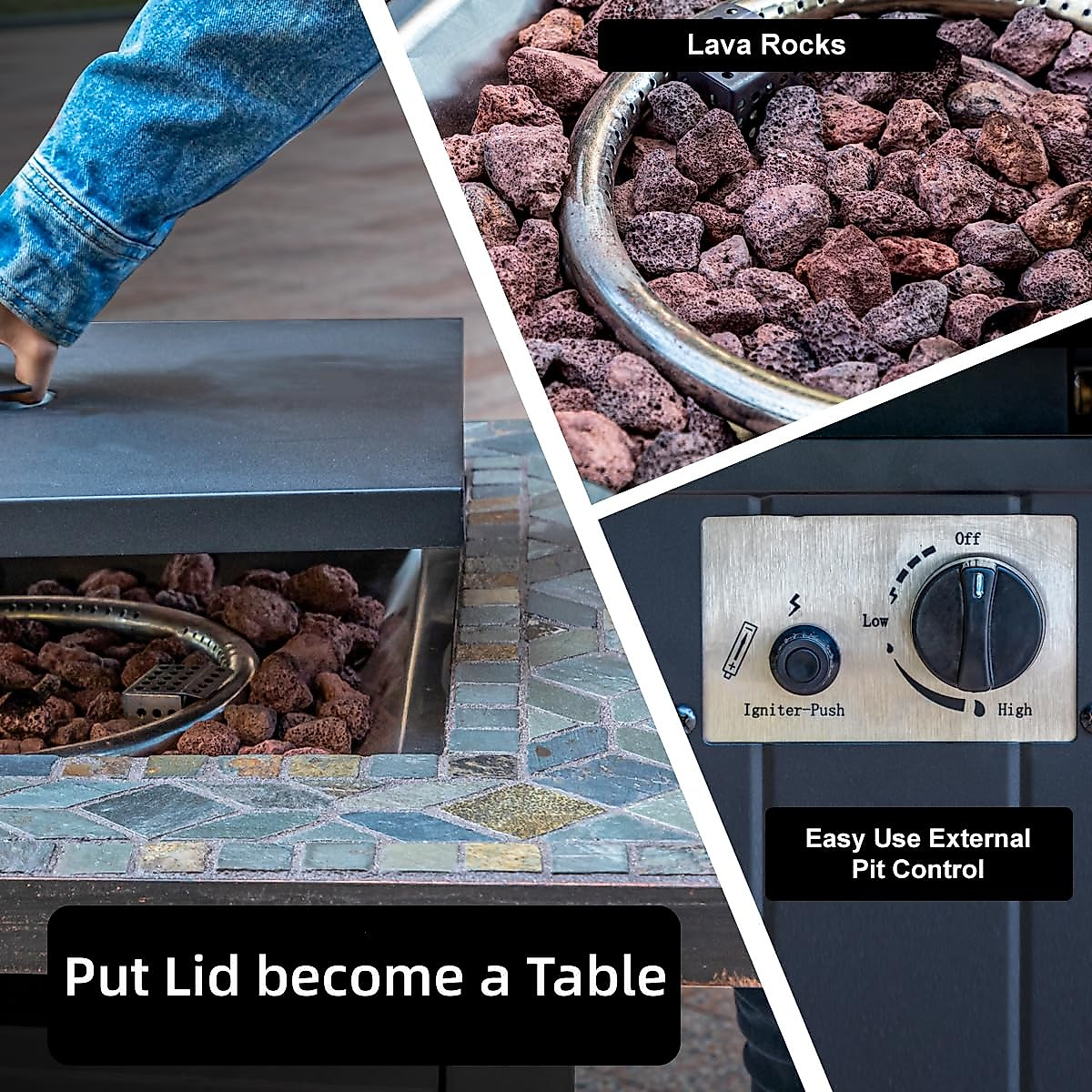 OutVue 30 inch Real Slate Propane Fire Pit Table, Gas Fire Pits for Outside Patio,50000 BTU Propane Fire Pits with Lid &Lava Rocks,Firepit for Garden,Yard