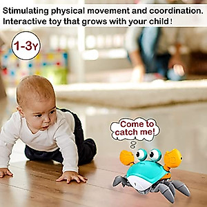 Plnmlls Crawling Crab Baby Toy，Tummy Time Baby Toys with Music and LED Light Will Automatically Avoid Obstacles, Build in Rechargeable Battery for Toddler Interactive Development Toy