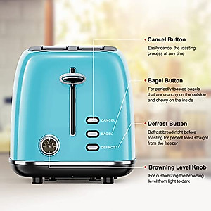 Galanz Retro 2-Slice Toaster, 1.5" Extra Wide Slots for Bagels & Thick Bread, Defrost and 6 Browning Levels, Includes a Dust Lid & Removable Crumb Tray, Blue