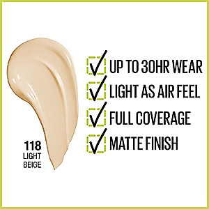 Maybelline Super Stay Full Coverage Liquid Foundation Active Wear Makeup, Up to 30Hr Wear, Transfer, Sweat & Water Resistant, Matte Finish, Light Beige, 1 Count