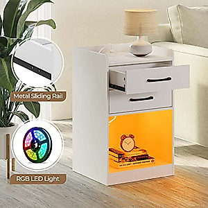 Seventable Nightstand with Charging Station and LED Lights, Modern Design End Side Table with 2 Drawers, Nightstand Open Compartment for Bedroom, White