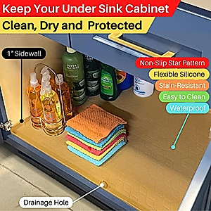 maryha Under Sink Mat for Kitchen Cabinet - Waterproof Silicone Proctor Tray for Leaks, Drips, Spills - Flexible Shelf Liner with Raised Edge and Drain Hole for Kitchen, Bathroom - 34" x 22" Beige