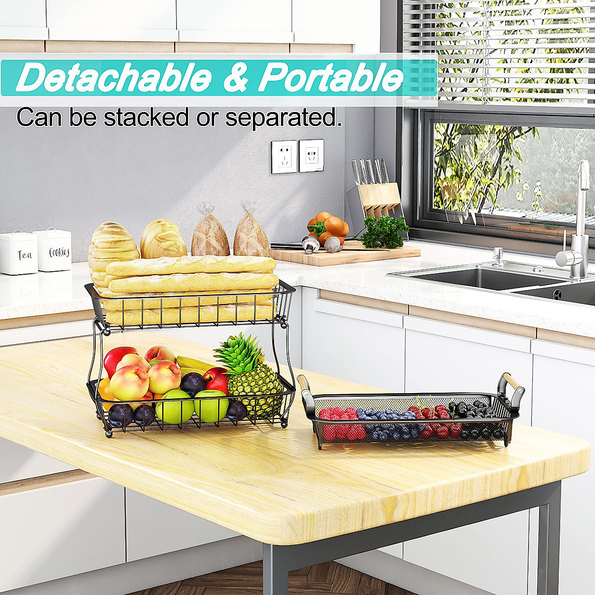 3 Tier Fruit Basket Bowl with 2 Banana Hangers for Kitchen Counter, Vegetable Countertop Produce Storage Holder, Large Capacity Metal Wire Fruits Stand Organizer for Onion Potato Bread Snack, Black