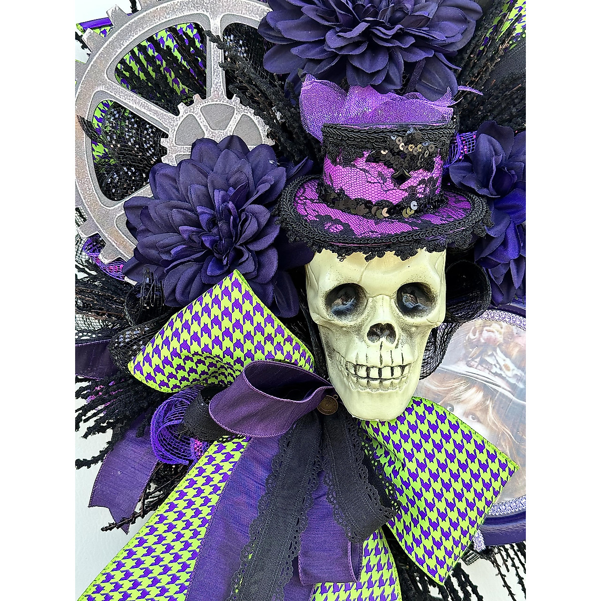Purple Steampunk Halloween Skeleton Wreath - 26x19in - Spooky and Stylish Décor