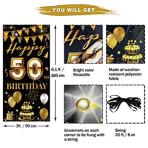 HTDZZI 50th Birthday Door Banner, Happy 50th Birthday Decorations Men Women, 50 Years Old Birthday Backdrop Photo Booth Props, Black Gold 50 Birthday Party Yard Sign Decor for Outdoor Indoor Sturdy