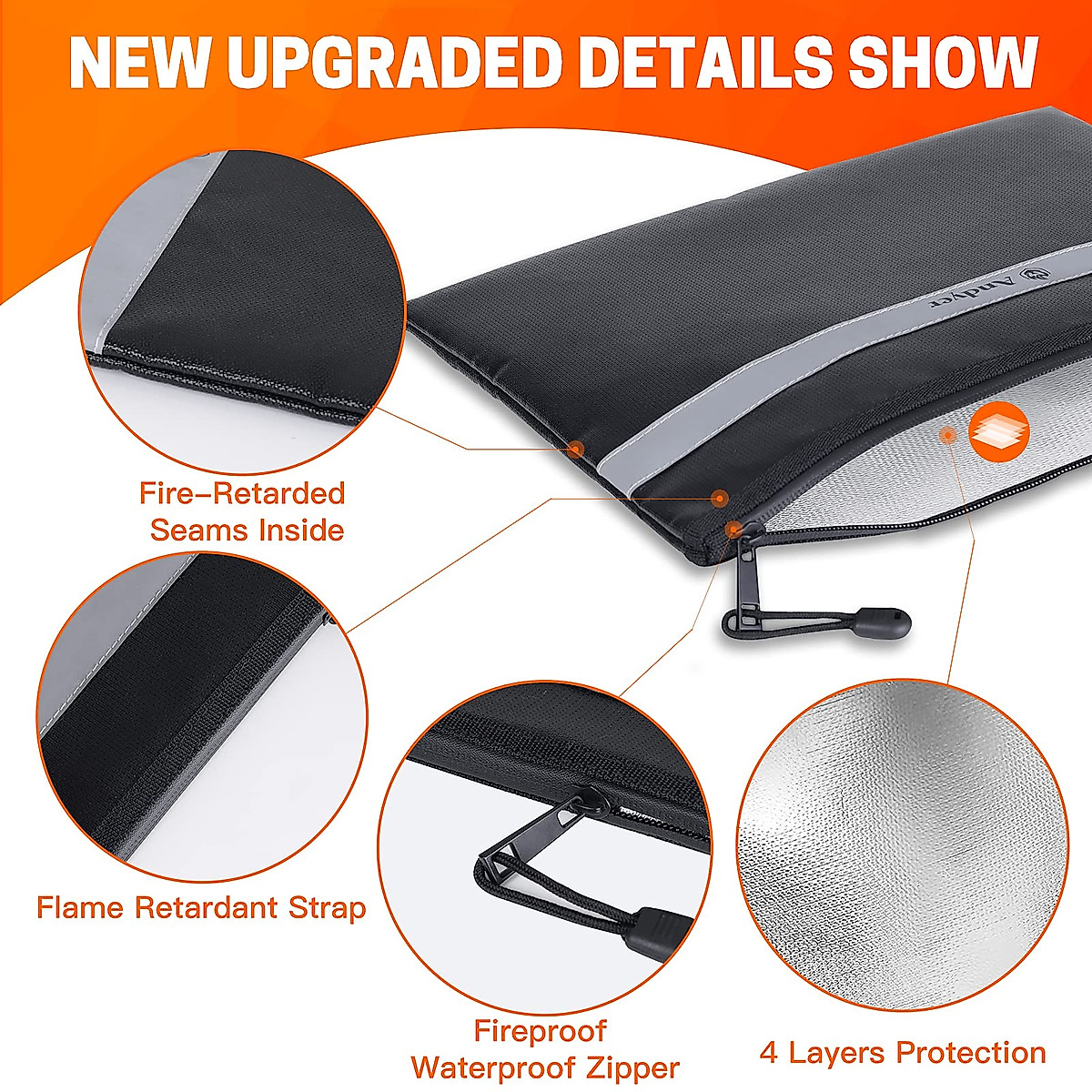 Andyer Fireproof Document Bag with Money Bag - 2 Pack 13.4”x10” and 11"x6" Waterproof & Fireproof Bags - Fireproof Safe Storage Pouch with Zipper for A4 Documents, Money, Cash, Passport and Tablet