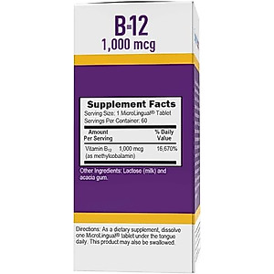 Superior Source No Shot Vitamin B12 Methylcobalamin 1000 mcg, Quick Dissolve MicroLingual Tablets, 60 Count, Active Form of B12, Supports Energy Production, Nervous System Support, Non-GMO