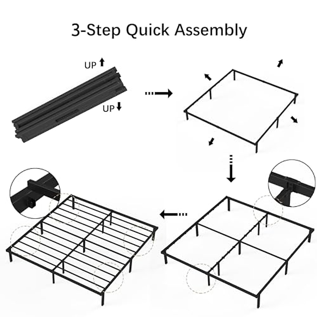 Flolinda Foldable Full Size Bed Frame Metal Platform Bed Sturdy Full Bed Frame 10 Minutes Quick Assembly Steel Slats 11 Legs Support No Box Spring Needed Noise-Free 14inch Black