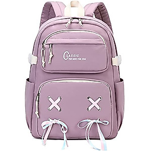 El-fmly Lightweigt School Bookbag Travel Backpack Daypack with Cute Ribbon for Teen Girls Students (Purple)