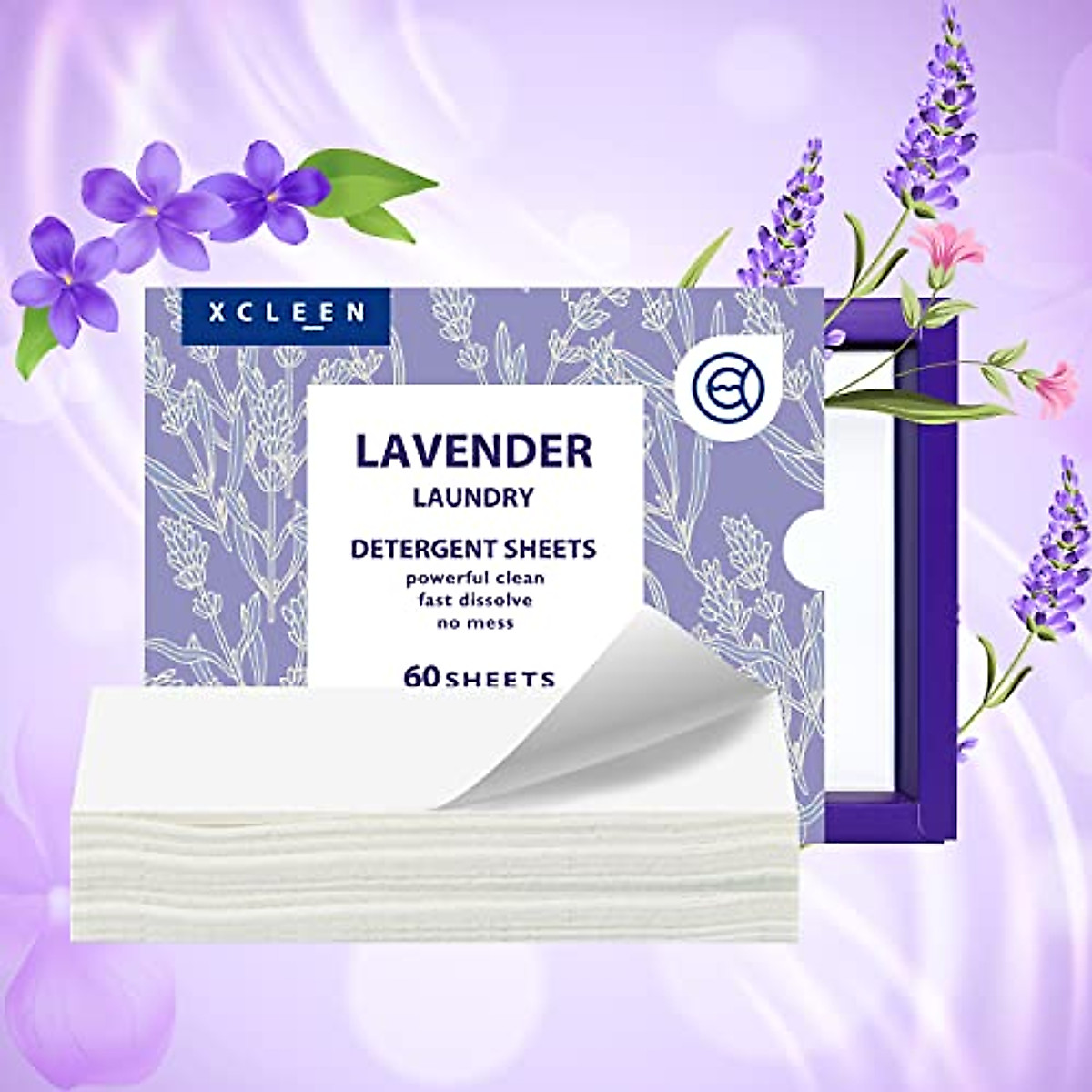 Xcleen Laundry Detergent Sheets Lavender Scent (60 loads), Eco-Friendly, Plastic Free, Biodegradable, Hypoallergenic Laundry Strips for Sensitive Skin, Great for Travel Home and School