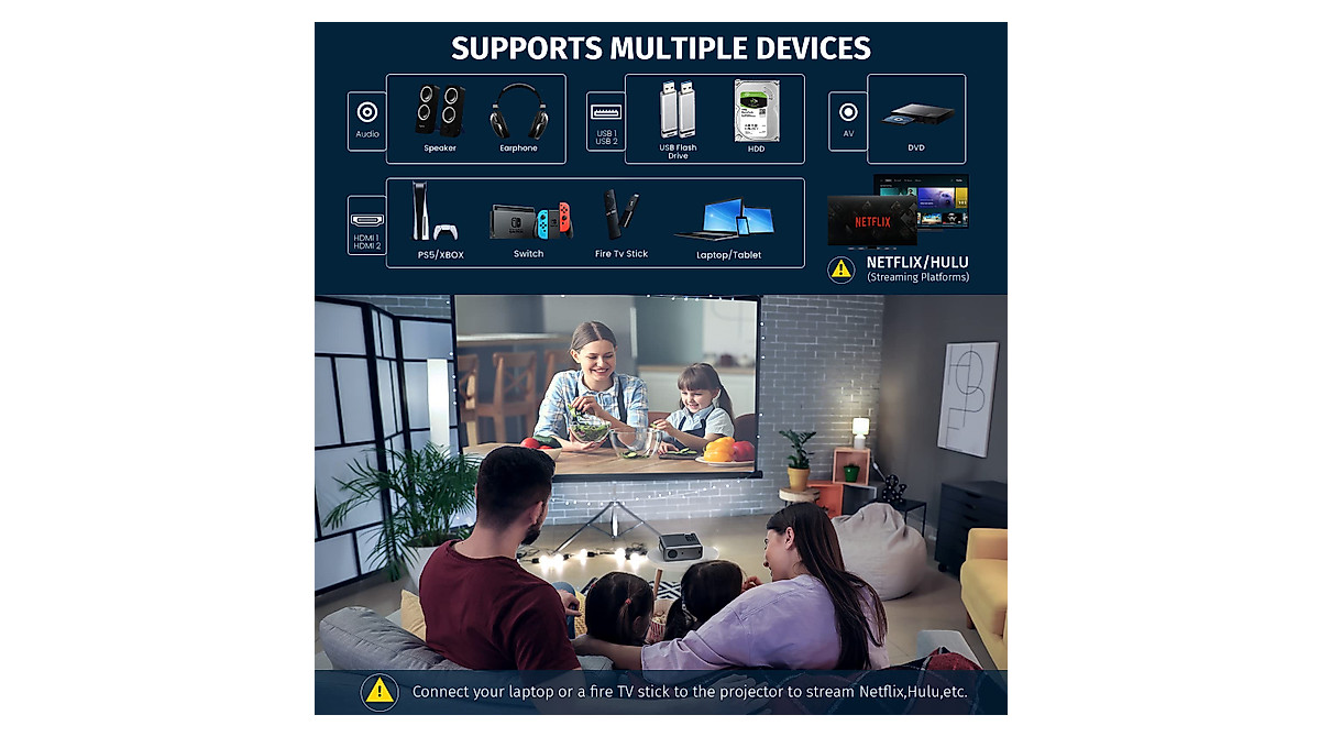 Raydem 1080P Projector - 4K Support, WiFi & Bluetooth for Home & Outdoors