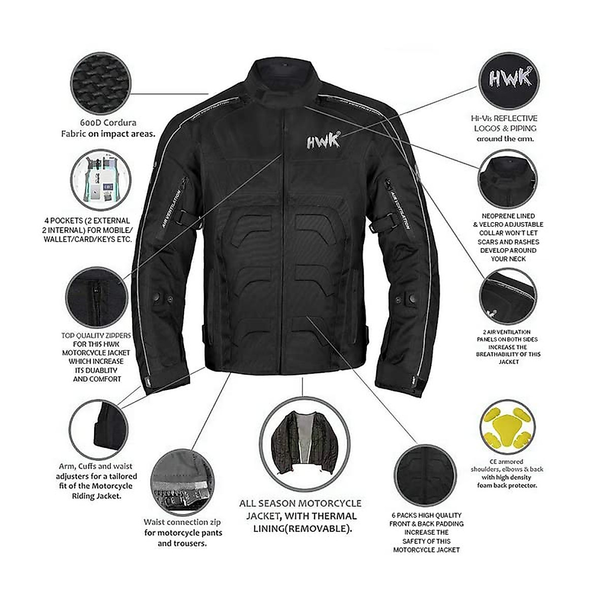 HWK Spyder Motorcycle Jacket for Men with Weather Resistant Cordura Textile Fabric for Enduro Motocross Jacket LARGE/BLACK